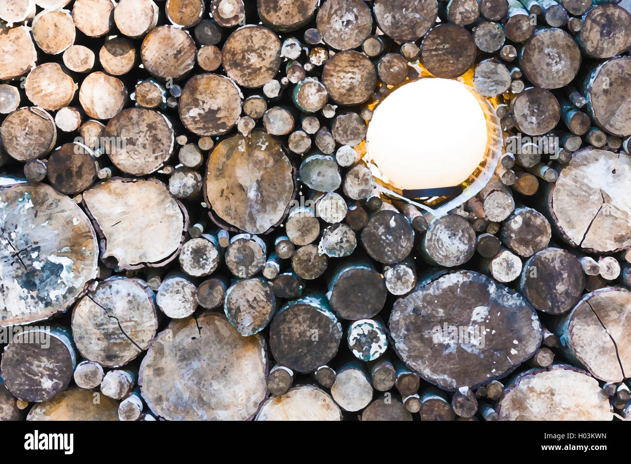 Illustration of a woodpile with thin and thick tree logs and a glowing ...