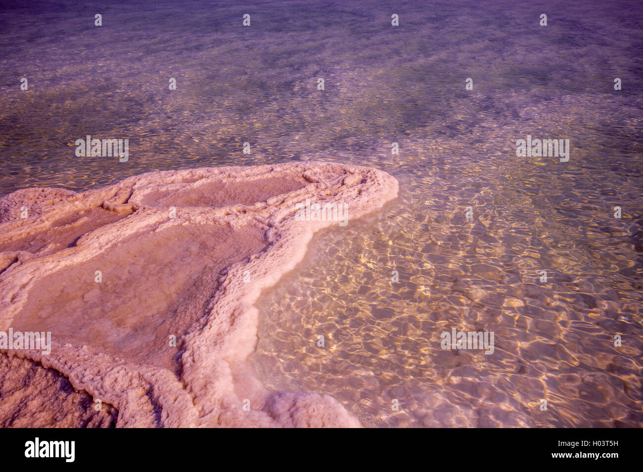 Texture of Dead Sea at sunrise. Salty sea shore background in trendy ...