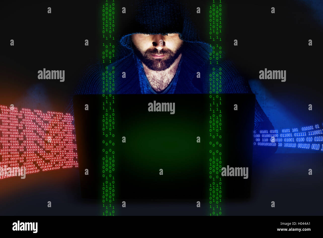 Man working at computer in dark room. Internet security concept Stock ...