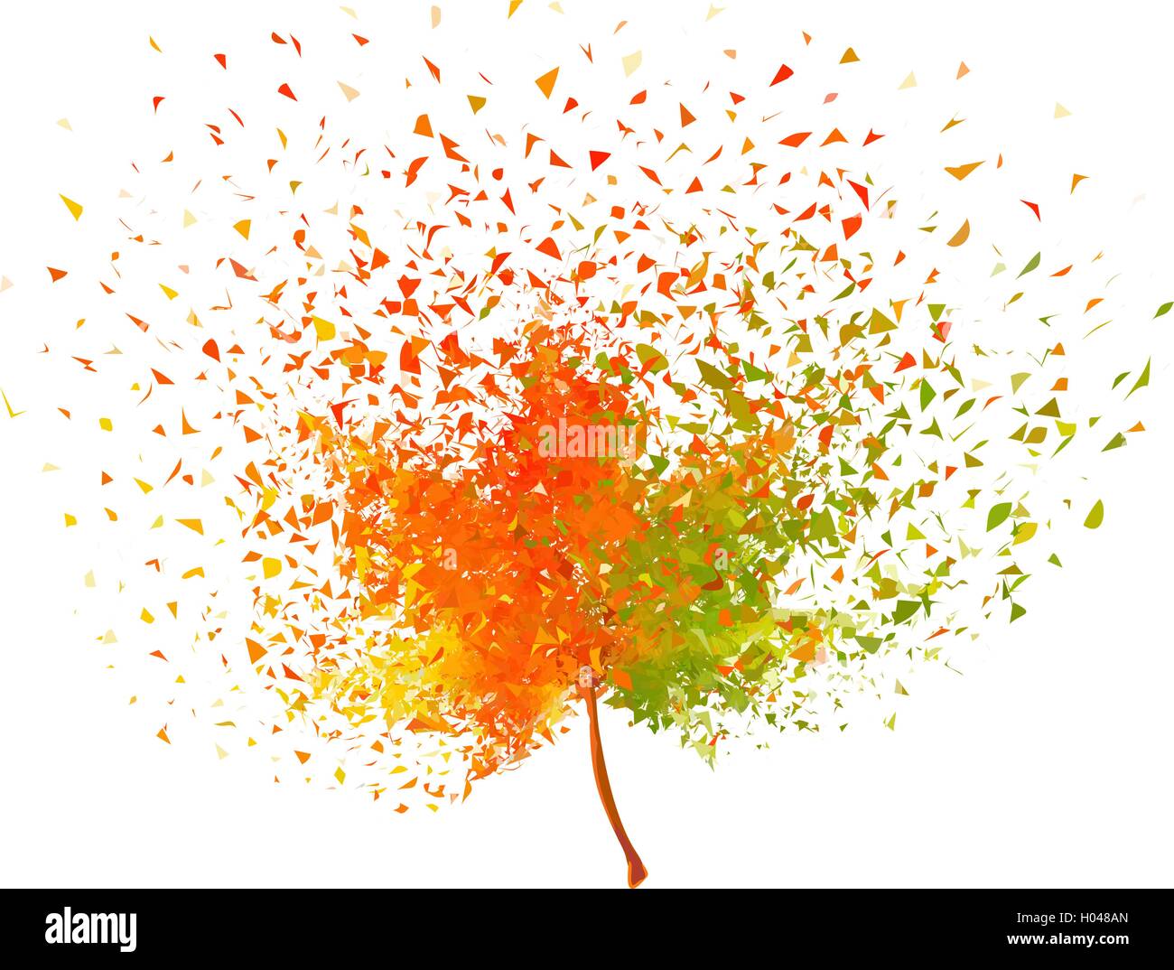 Colorful autumn leaf with flying particles, vector illustration over ...