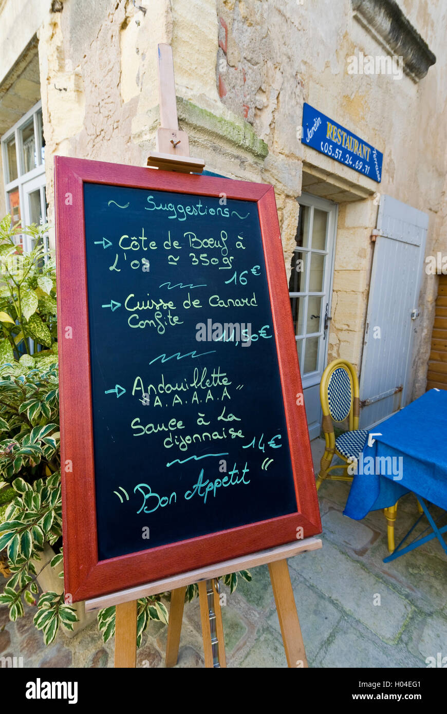 Attractive blackboard menu display outside Saint Emilion restaurant ...
