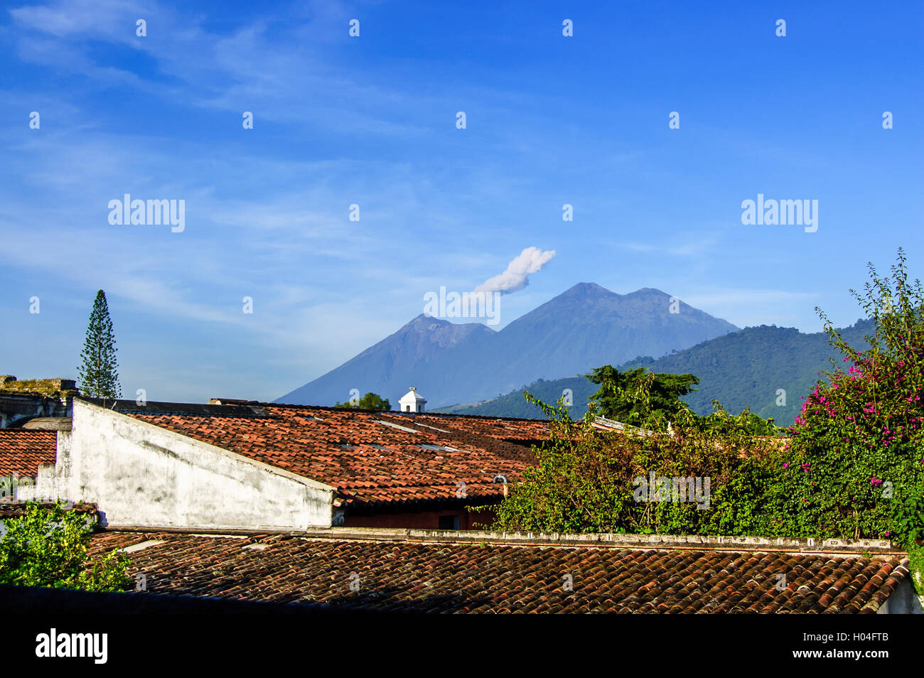 Fuego volcano & double-ridged Acatenango volcano outside Spanish ...