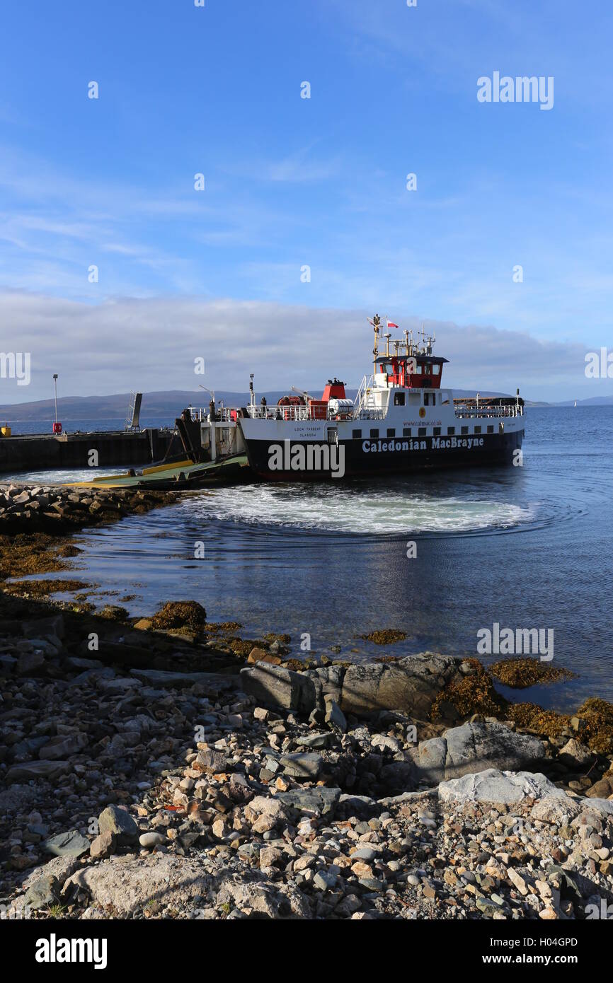 Calmac Ferry MV Loch Tarbet departing Lochranza Isle of Arran Scotland ...