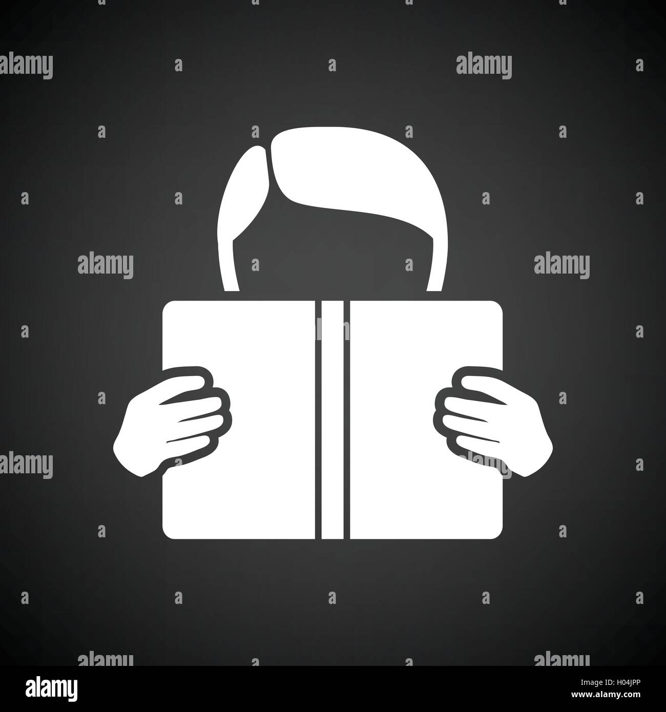 Boy reading book icon. Black background with white. Vector illustration ...