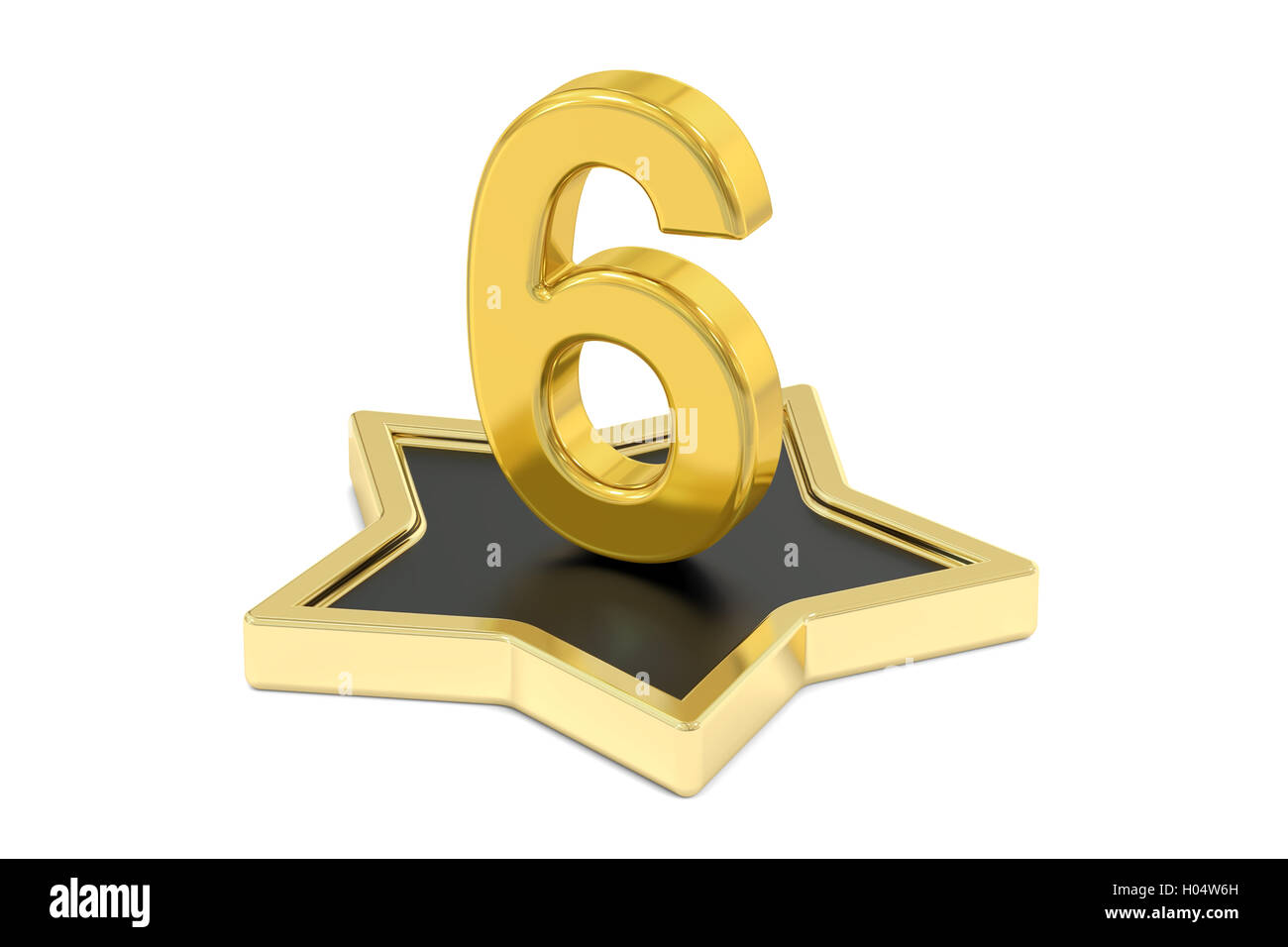 3D golden number 6 on star podium, 3D rendering isolated on white ...