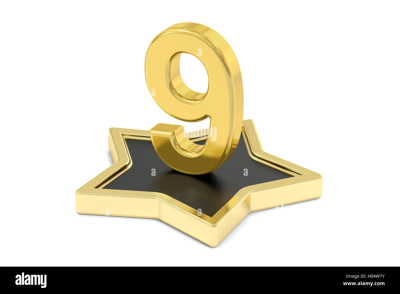 3D golden number 9 on star podium, 3D rendering isolated on white ...