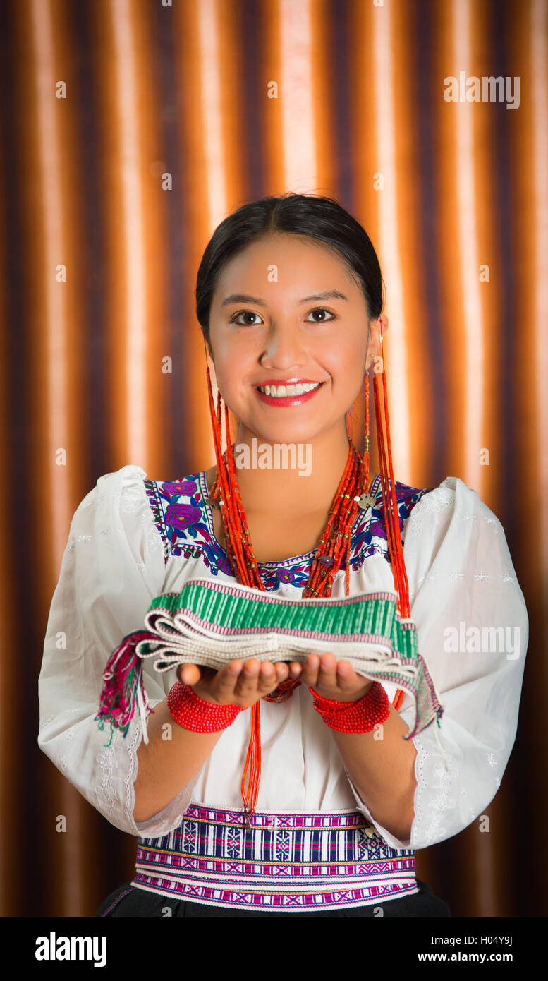 Beautiful Hispanic Model Wearing Andean Traditional Clothing Smiling