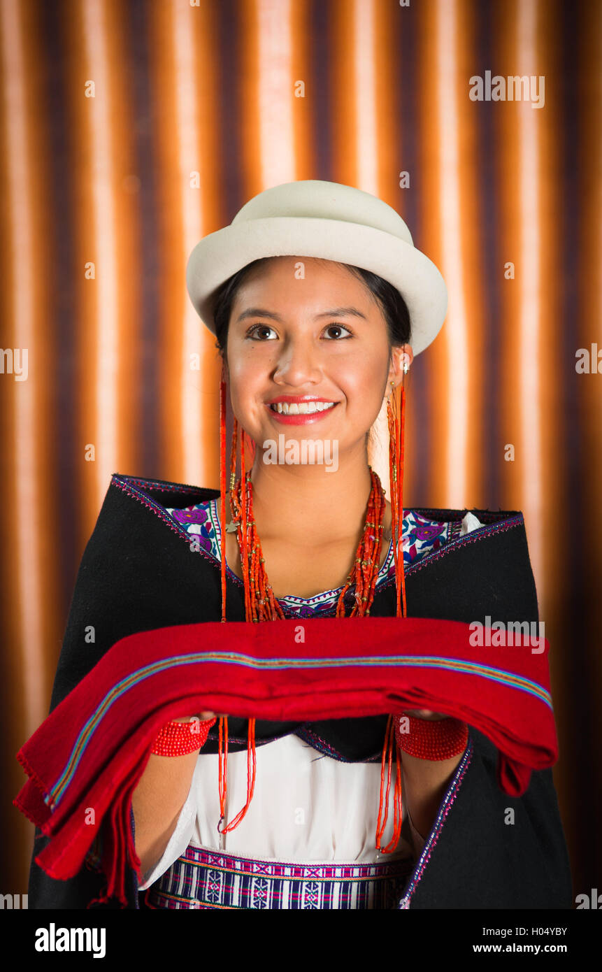 Closeup Beautiful Hispanic Model Wearing Andean Traditional Clothing