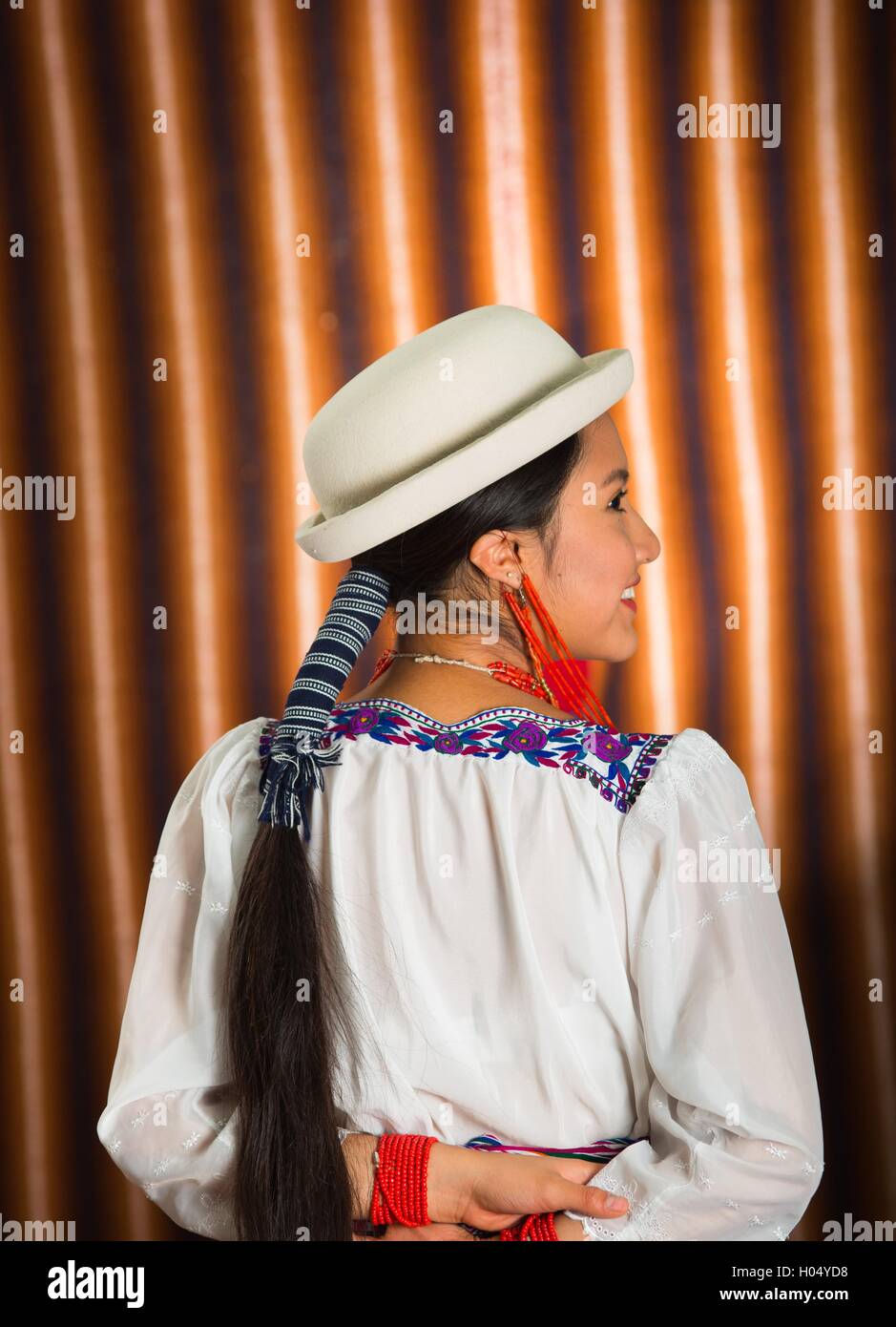 Bautifully Dressed Hispanic Model Wearing Andean Traditional Clothing