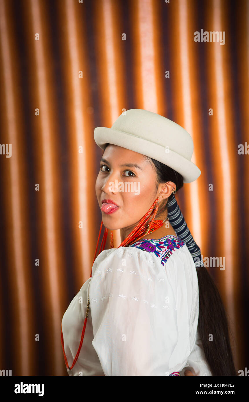 Bautiful Hispanic Model Wearing Andean Traditional Clothing With