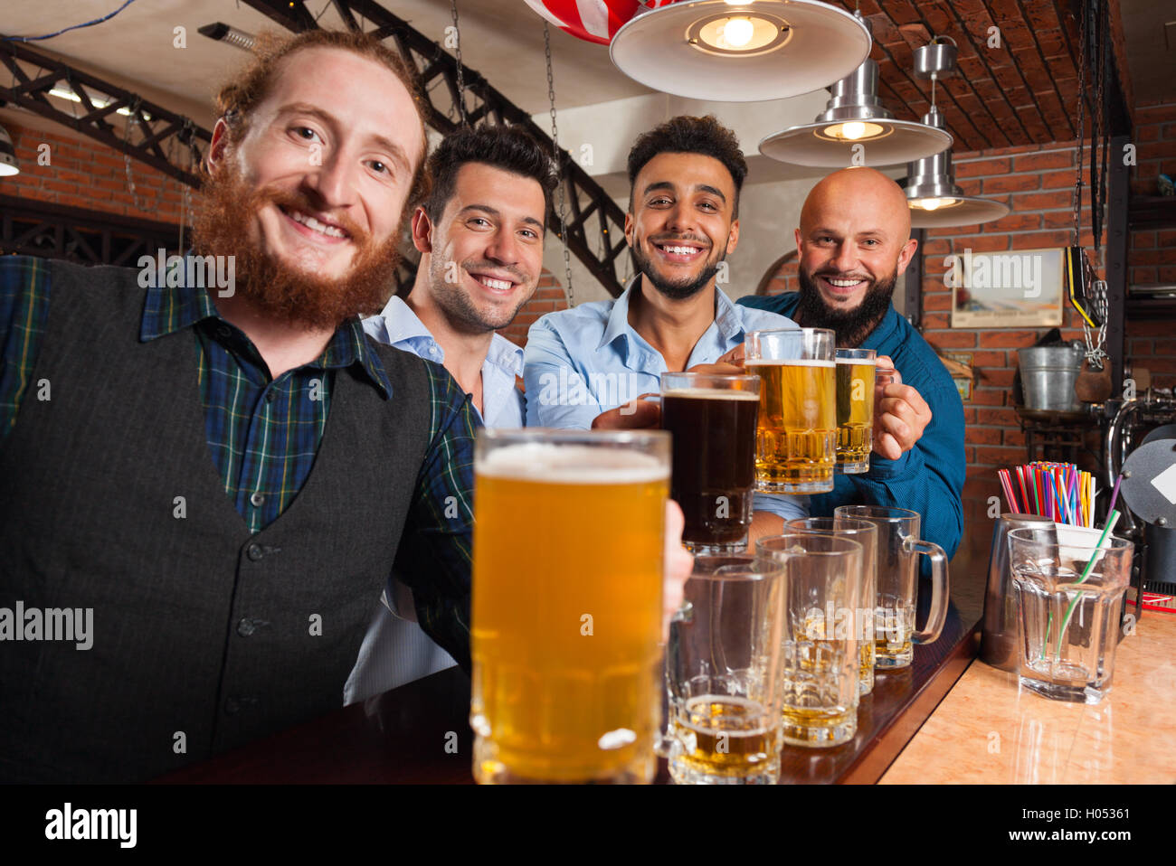 Man Group In Bar Clink Glasses Toasting, Drinking Beer Hold Mugs, Mix ...