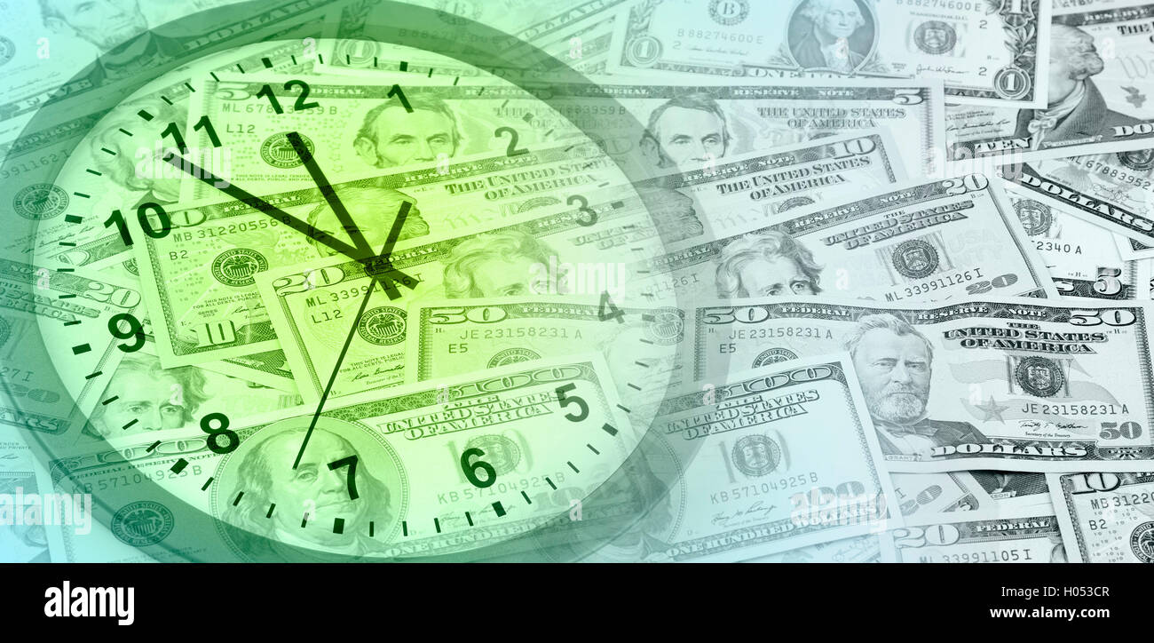 Clock face and American currency Stock Photo - Alamy