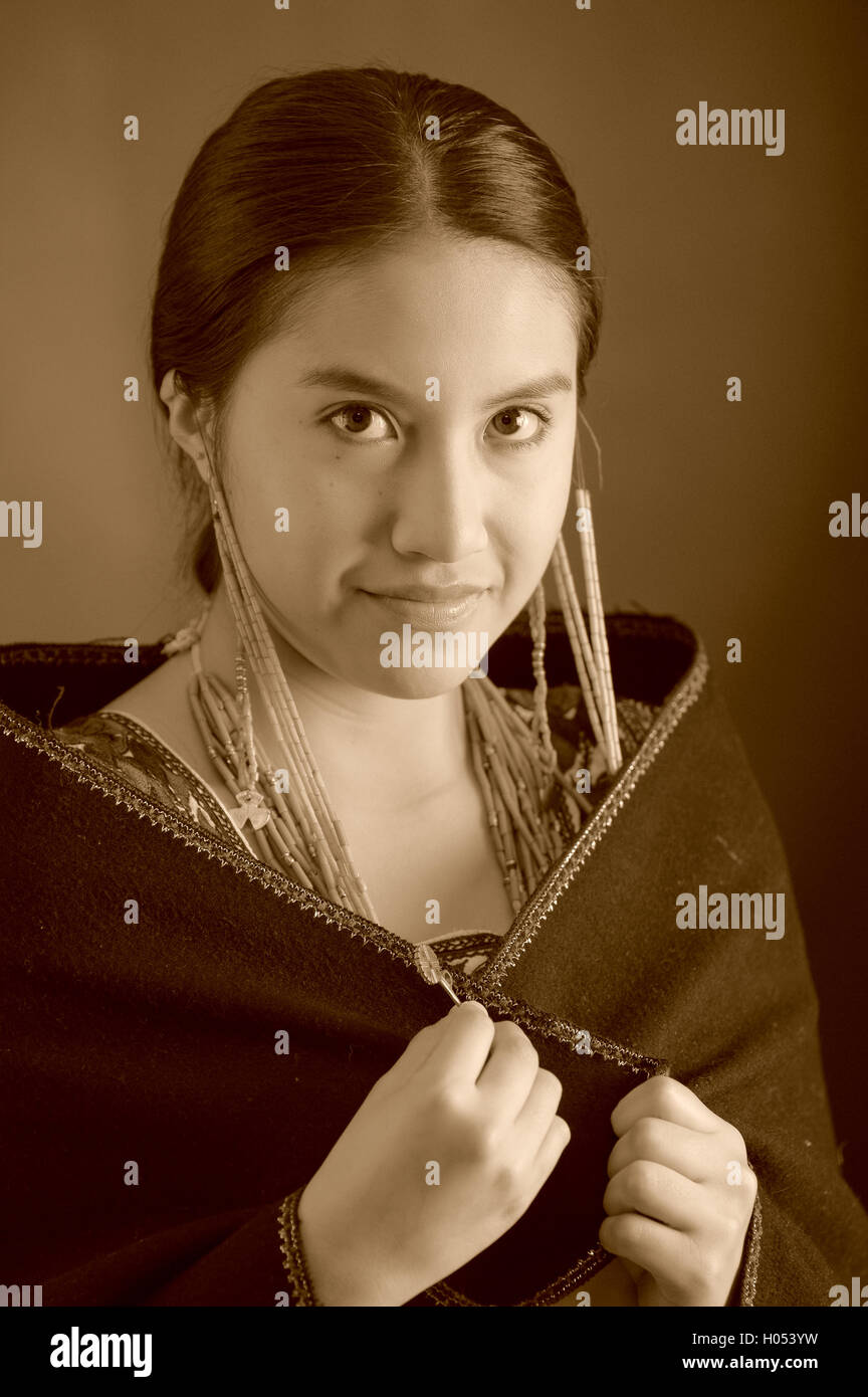 Beautiful Hispanic Model Wearing Andean Traditional Clothing Dark
