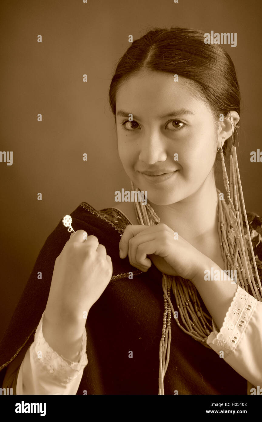 Beautiful Hispanic Model Wearing Andean Traditional Clothing Dark