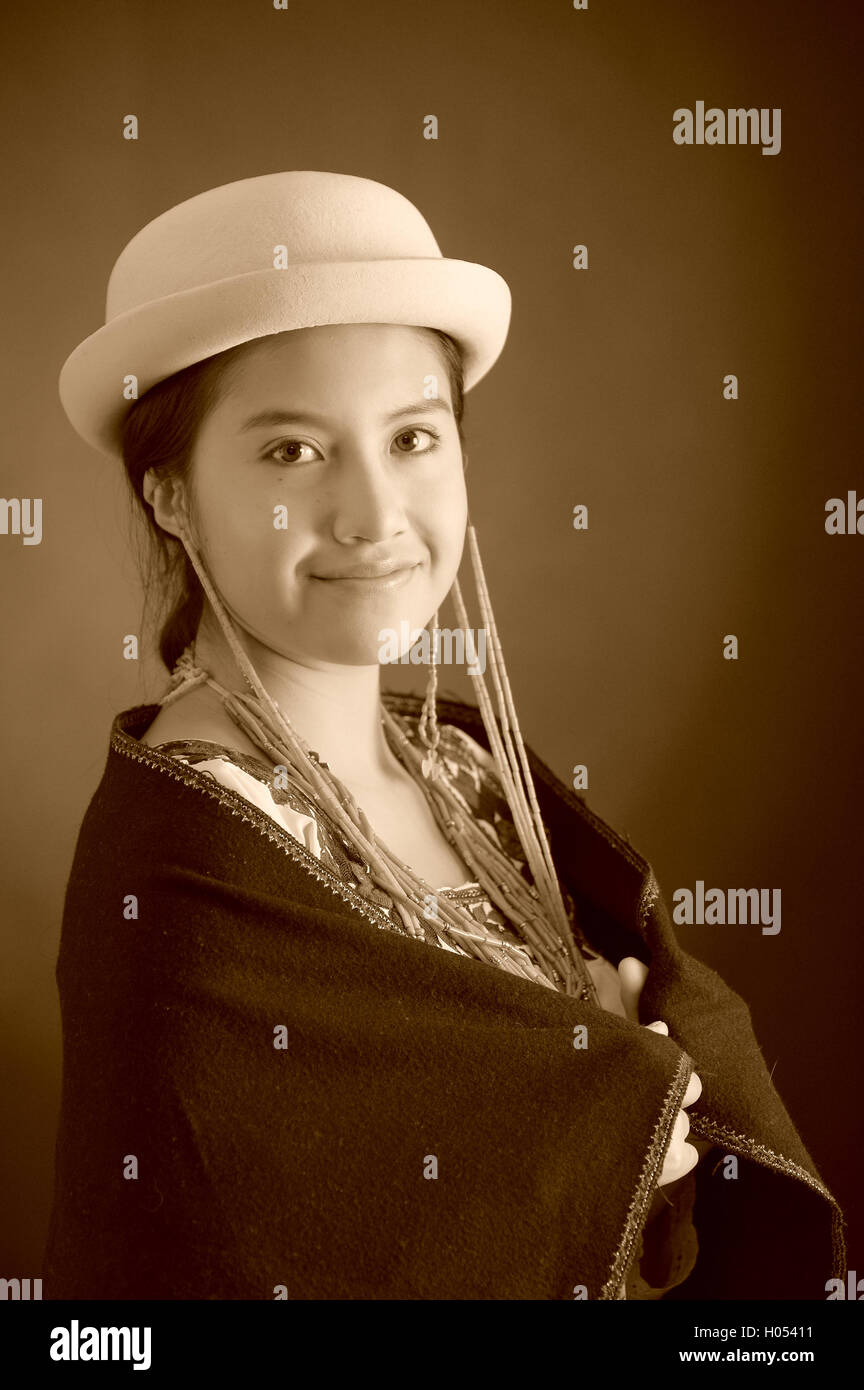 Beautiful Hispanic Model Wearing Andean Traditional Clothing Holding