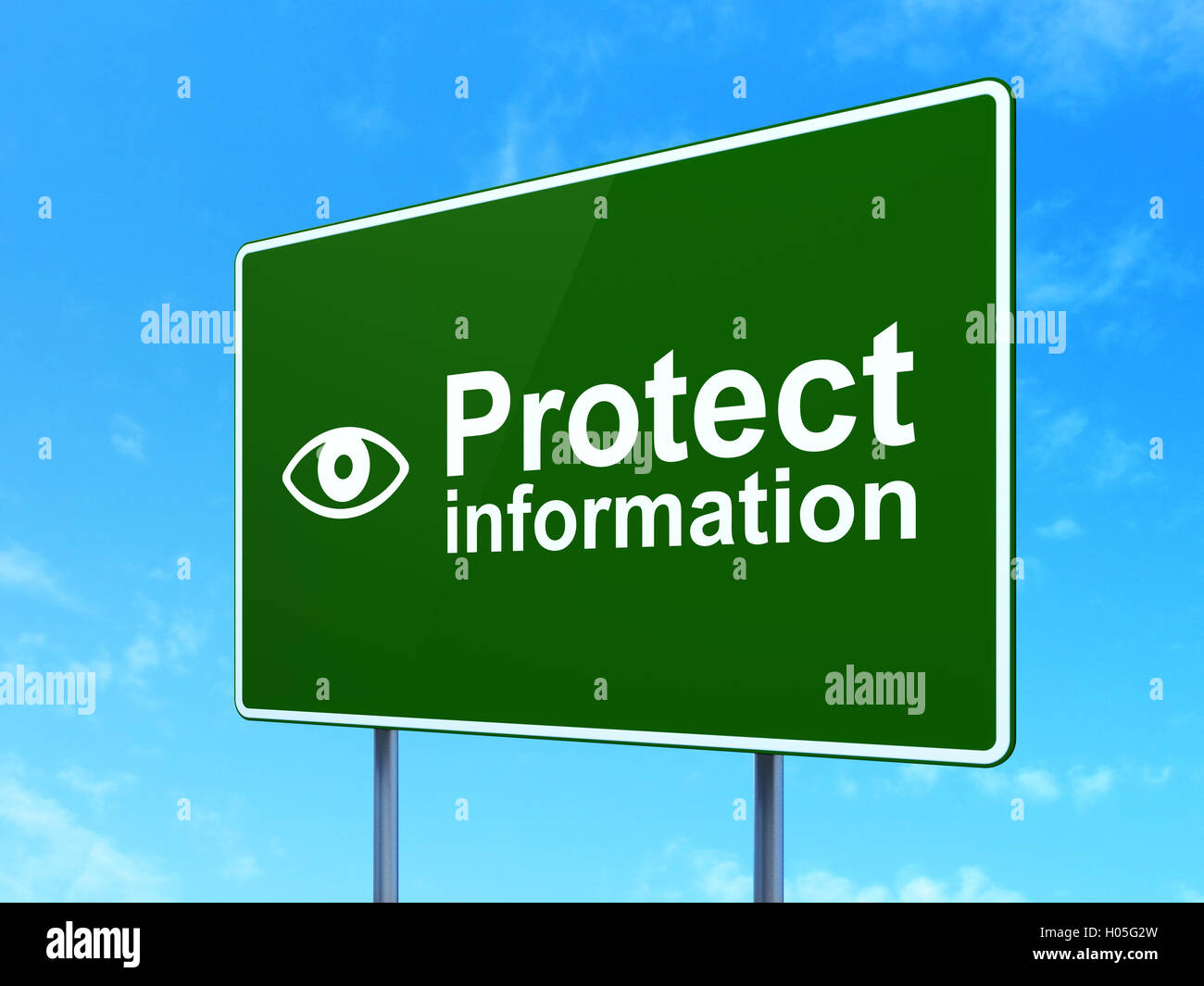 Safety concept: Protect Information and Eye on road sign background ...