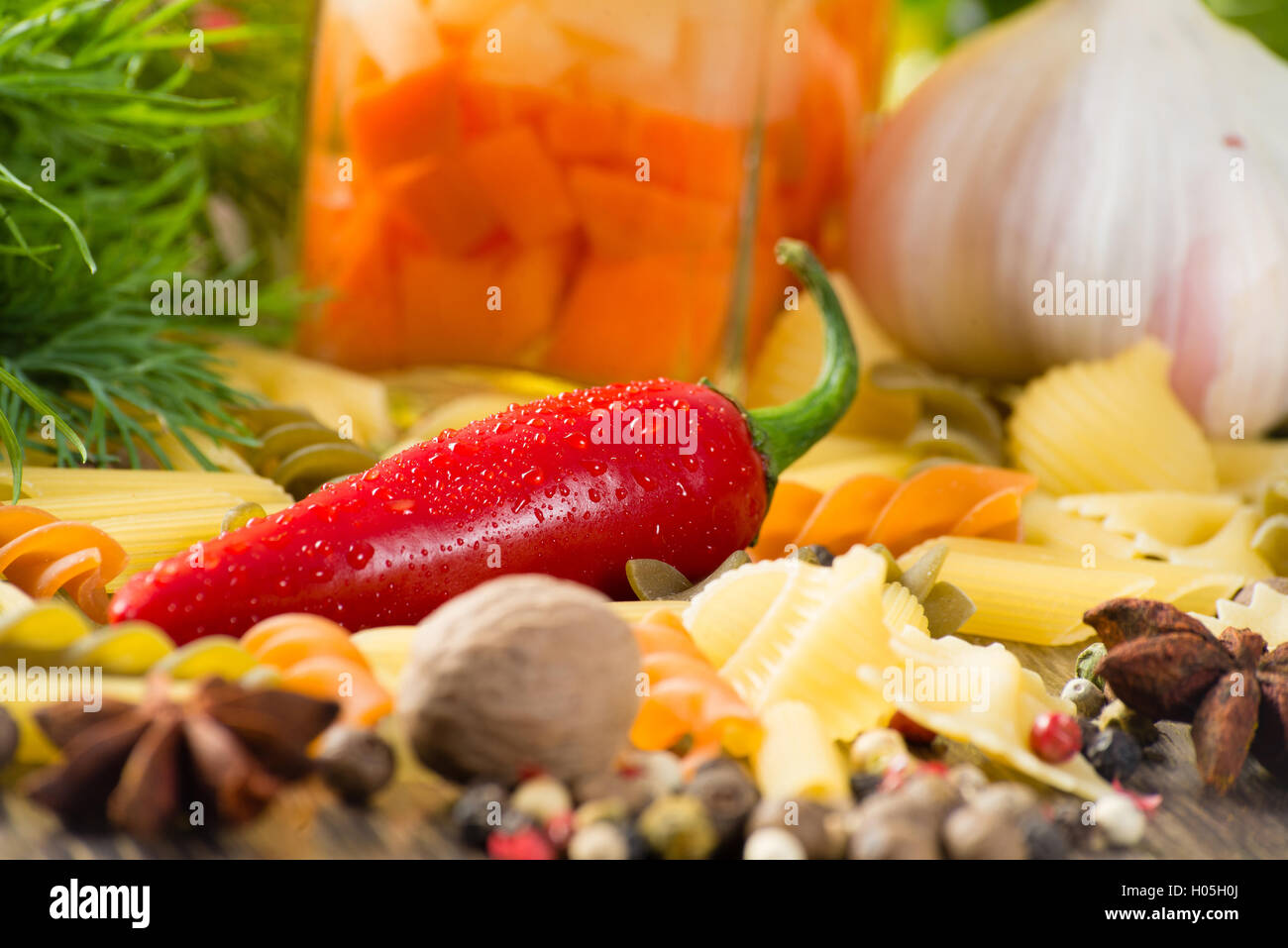 chilli, herbs, Italian pasta and spices Stock Photo - Alamy