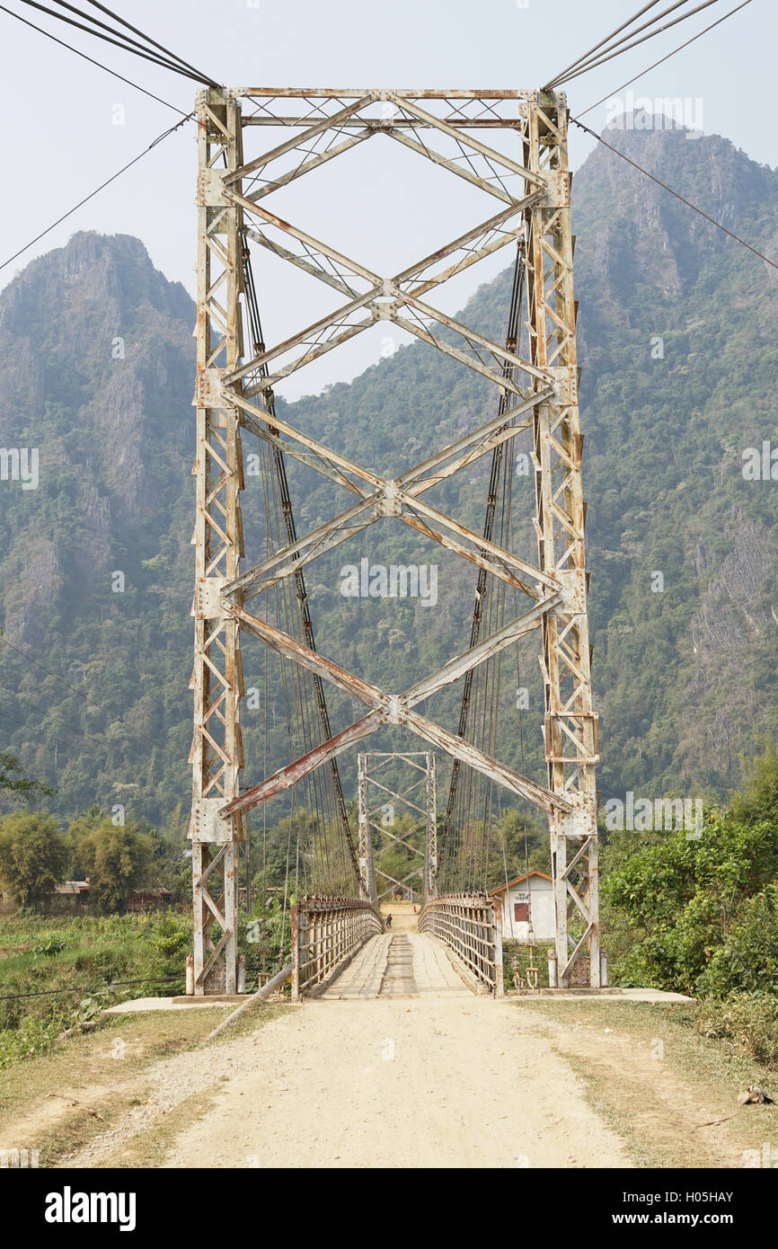 Old chain bridge crossing a river close to Vang Vieng, Laos, Asia Stock ...