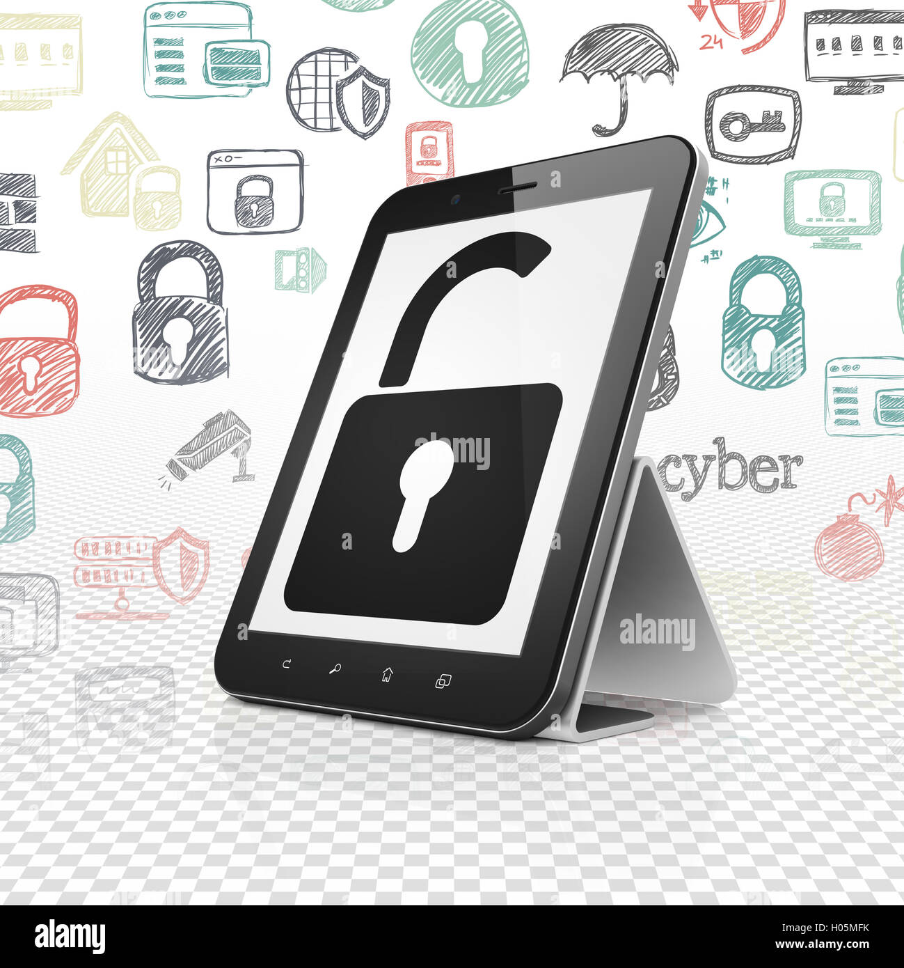 Protection concept: Tablet Computer with Opened Padlock on display ...