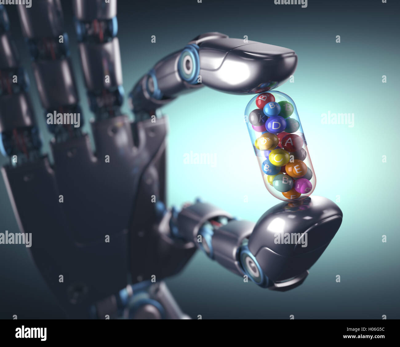3D illustration. Robot hand holding a multivitamin pill Stock Photo - Alamy