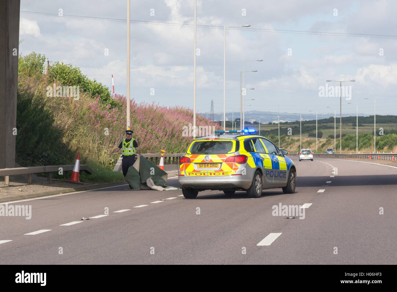 Scottish police officer removing a large piece of carpet that has been ...