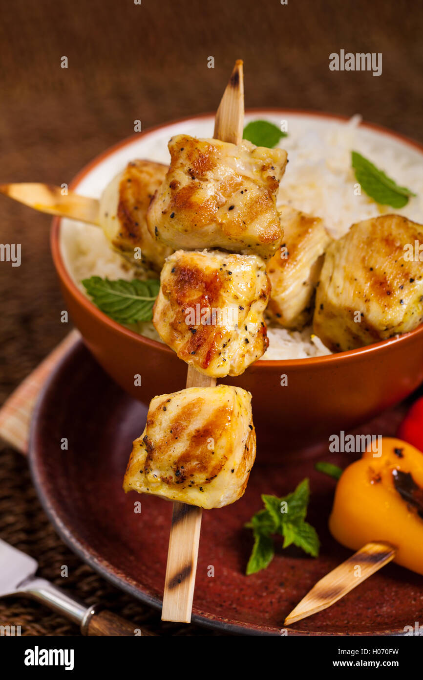 Chicken Kebab with Rice Stock Photo - Alamy