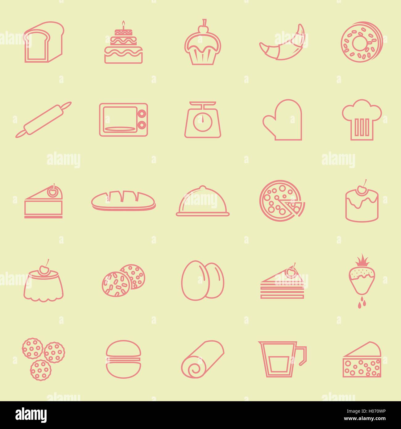 Bakery line color icons on yellow background, stock vector Stock Vector ...