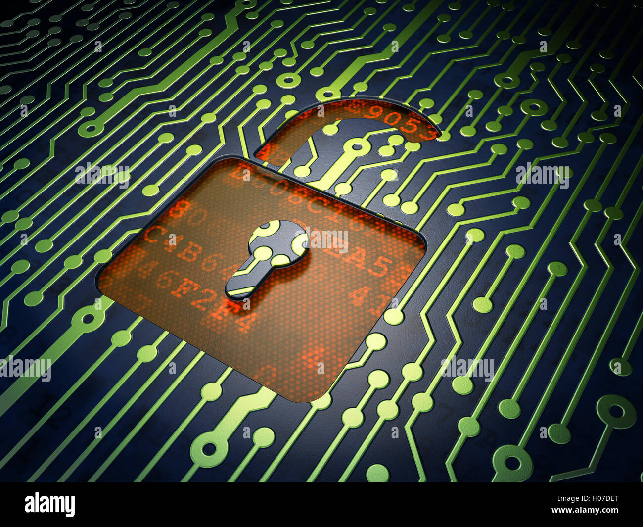 Information concept: Opened Padlock on circuit board background Stock Photo - Alamy