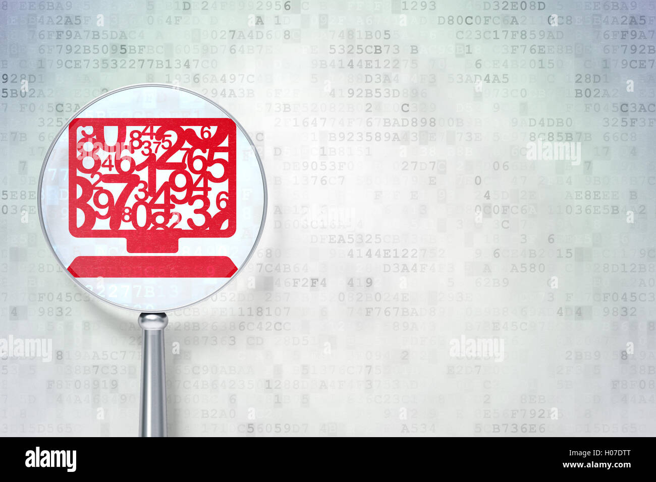 Education concept: Computer Pc with optical glass on digital background ...