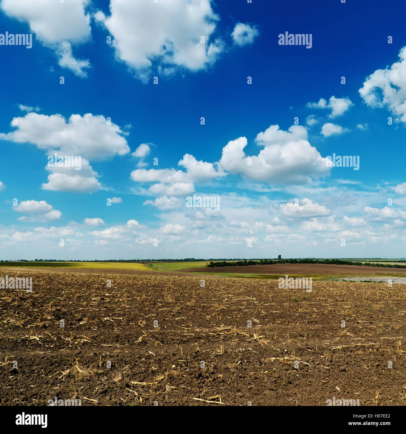 blue cloudy sky over plowed field Stock Photo - Alamy