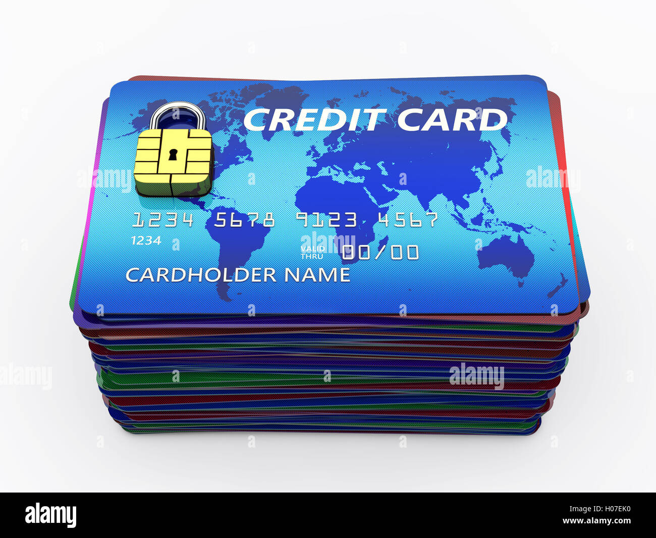 Credit card stack with padlock security chip , Secure banking and ...