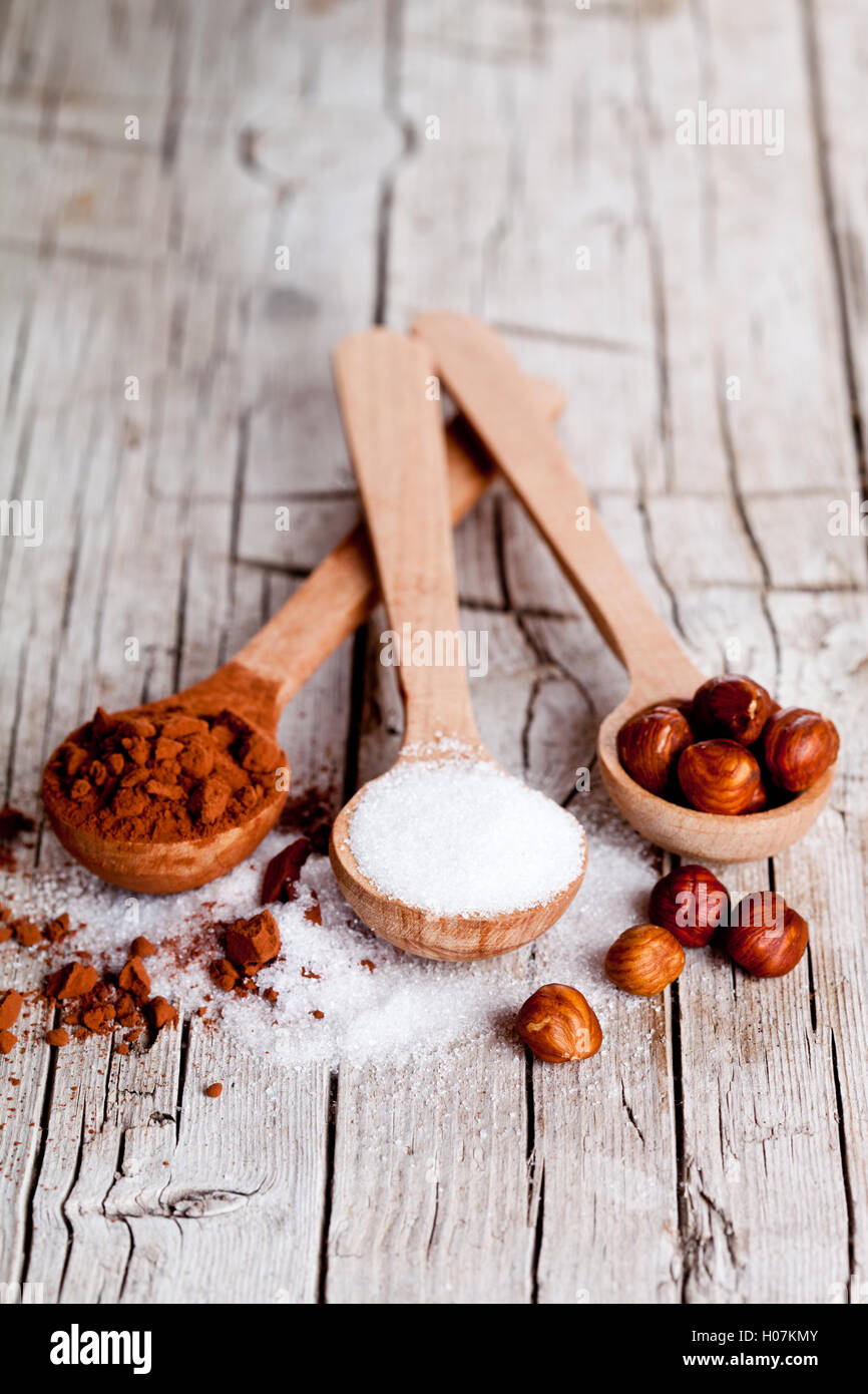 sugar, hazelnuts and cocoa powder Stock Photo - Alamy