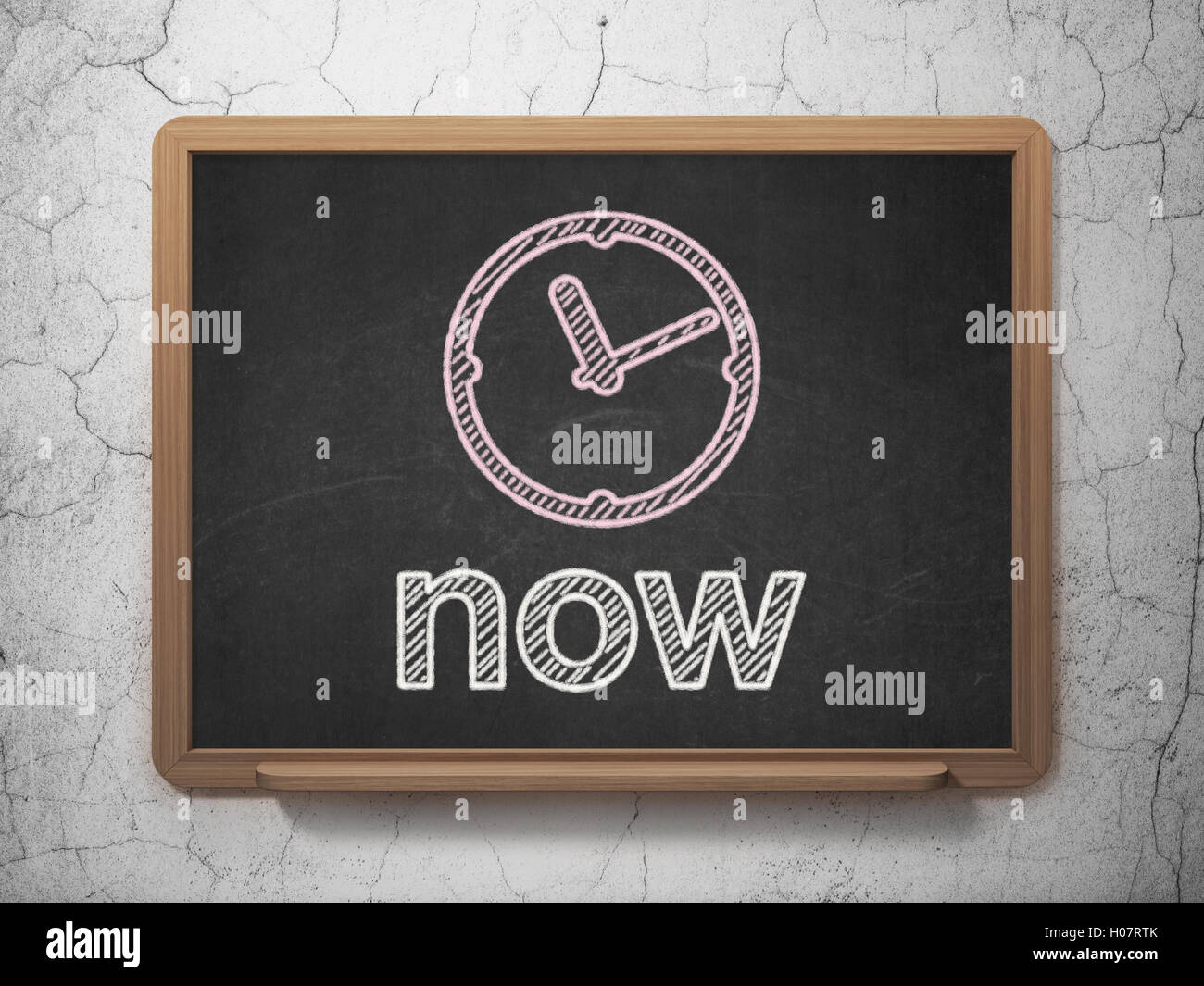 Time concept: Clock and Now on chalkboard background Stock Photo - Alamy