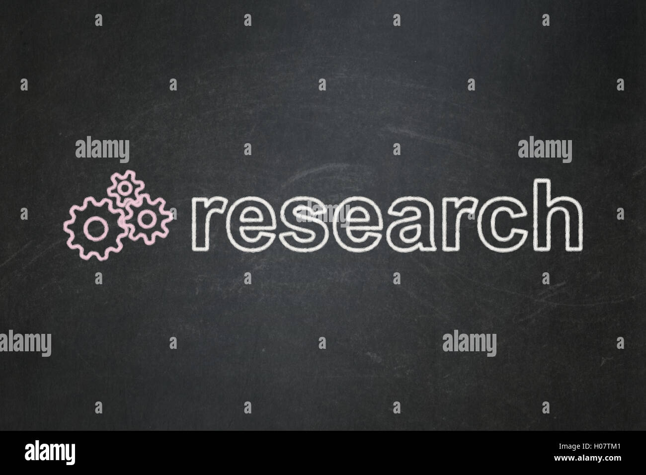 Advertising concept: Gears and Research on chalkboard background Stock Photo - Alamy