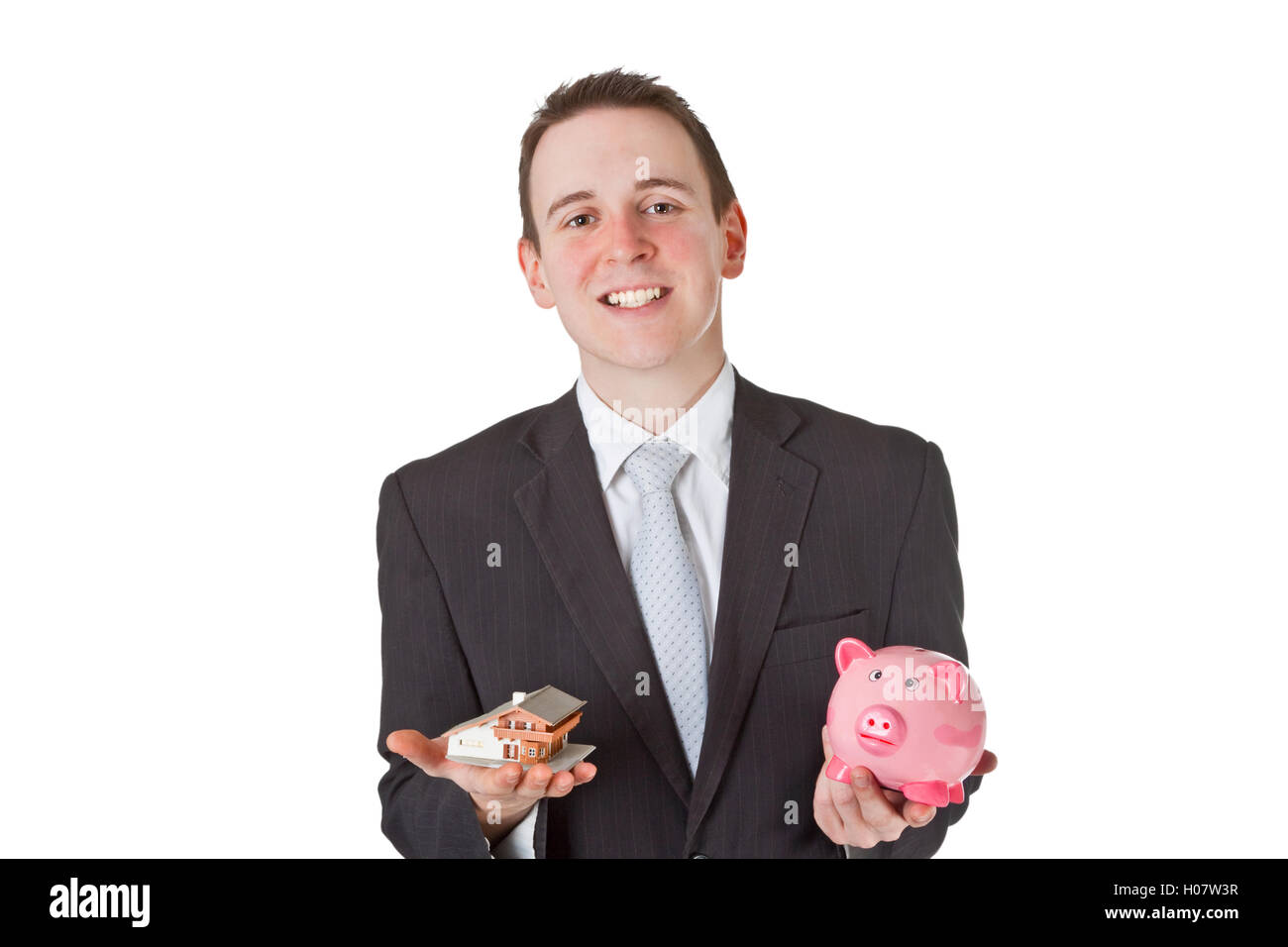 Friendly real estate agent isloated on white background Stock Photo - Alamy