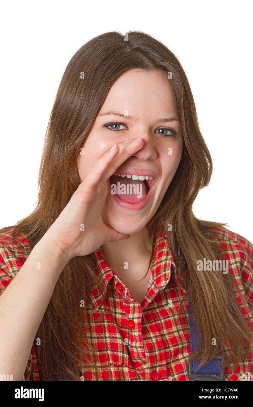 Screaming young woman isolated on white background Stock Photo - Alamy
