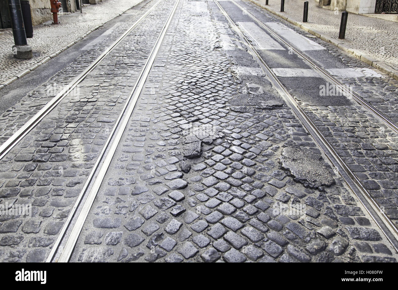 Old tram routes, details of urban transport in the city Stock Photo - Alamy