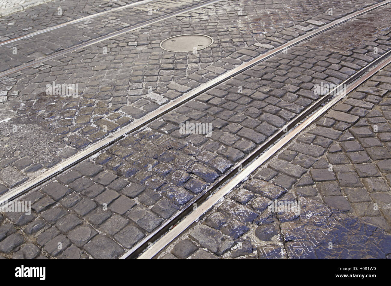 Old tram routes, details of urban transport in the city Stock Photo - Alamy