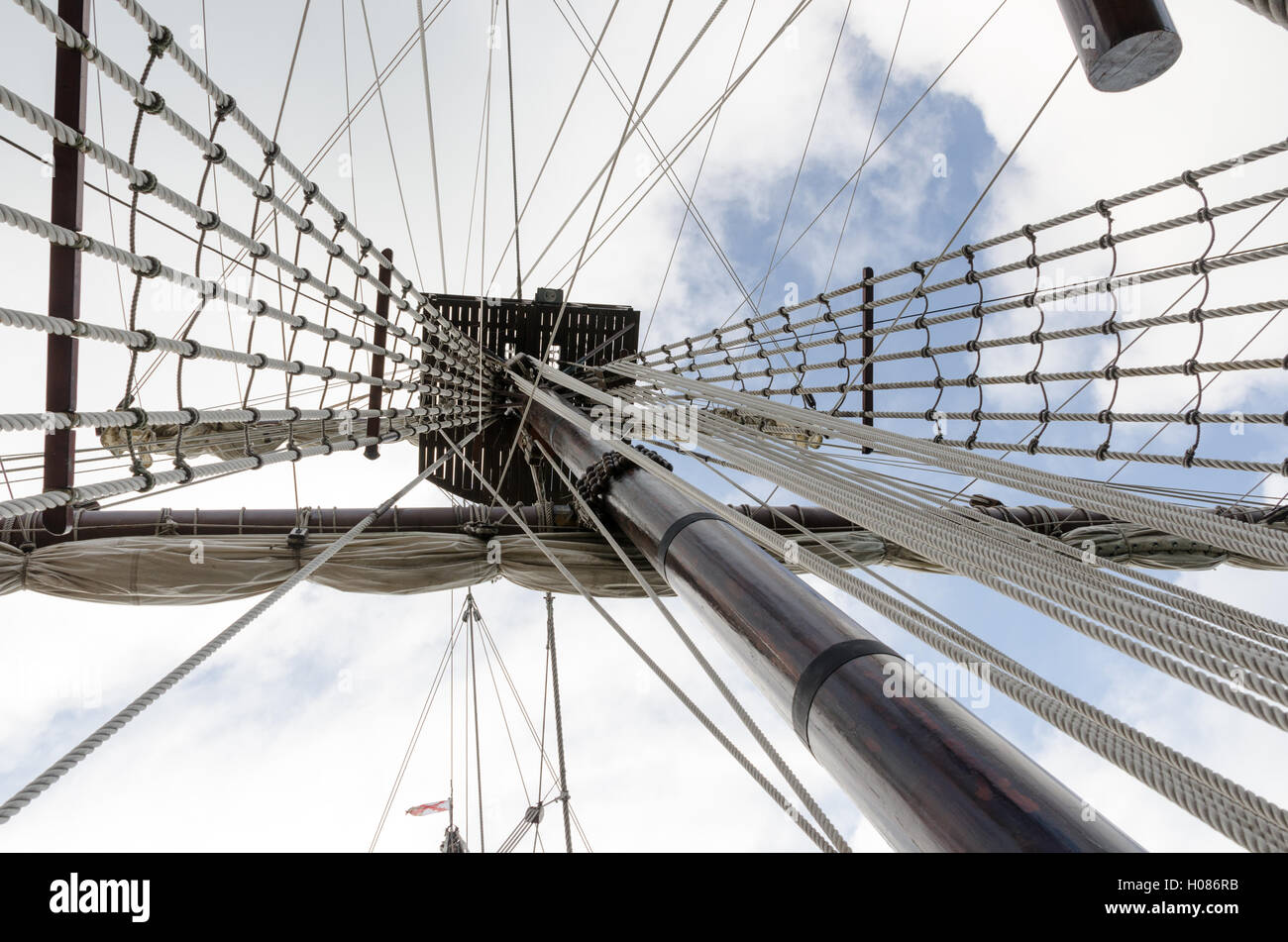 Looking up into tall ship rigging Stock Photo - Alamy