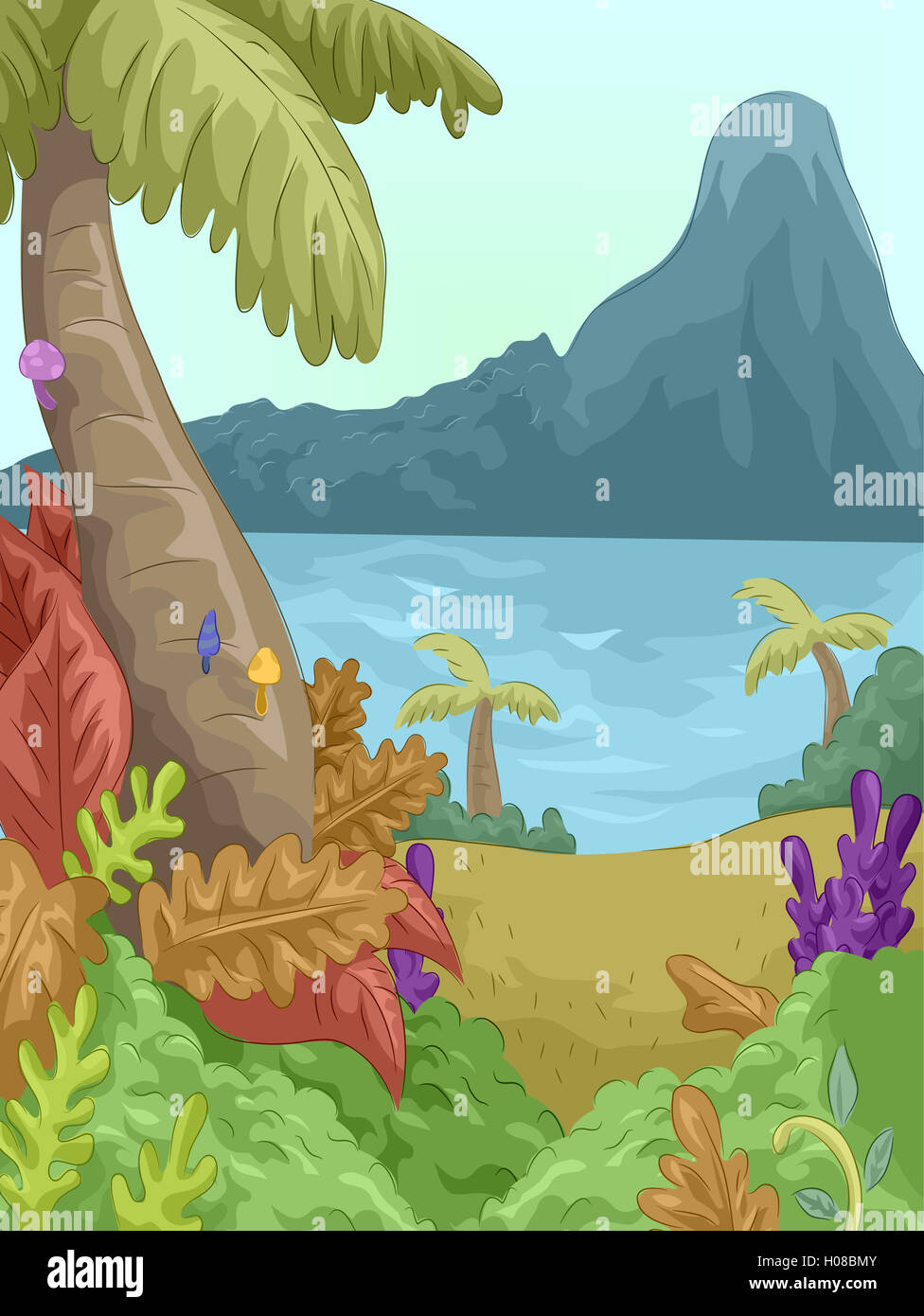 Colorful Illustration of a Forest by the Seaside Stock Photo - Alamy