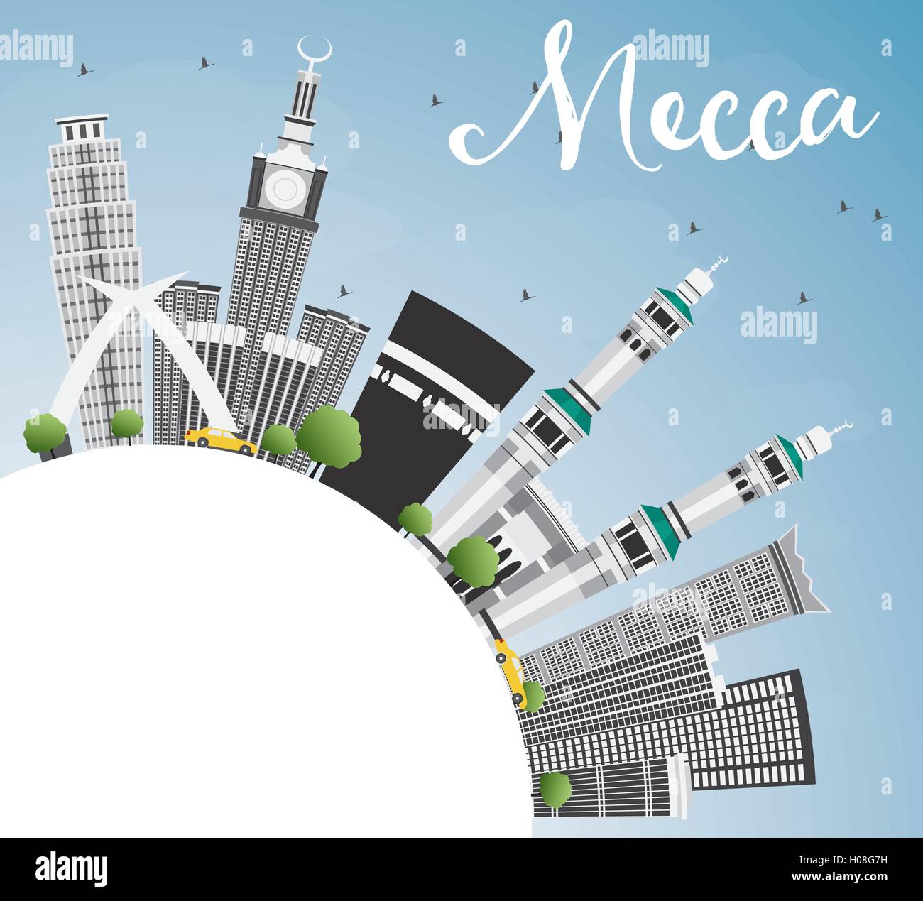Mecca Skyline with Landmarks, Blue Sky and Reflection. Vector ...