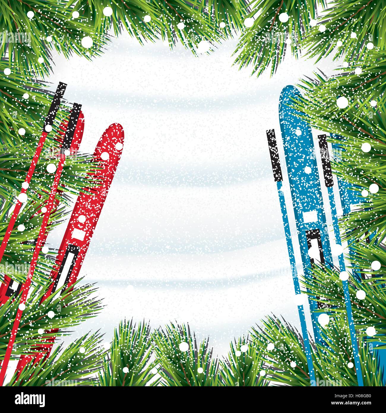 Christmas background with fir branches, snow and skiing. Snow top view ...