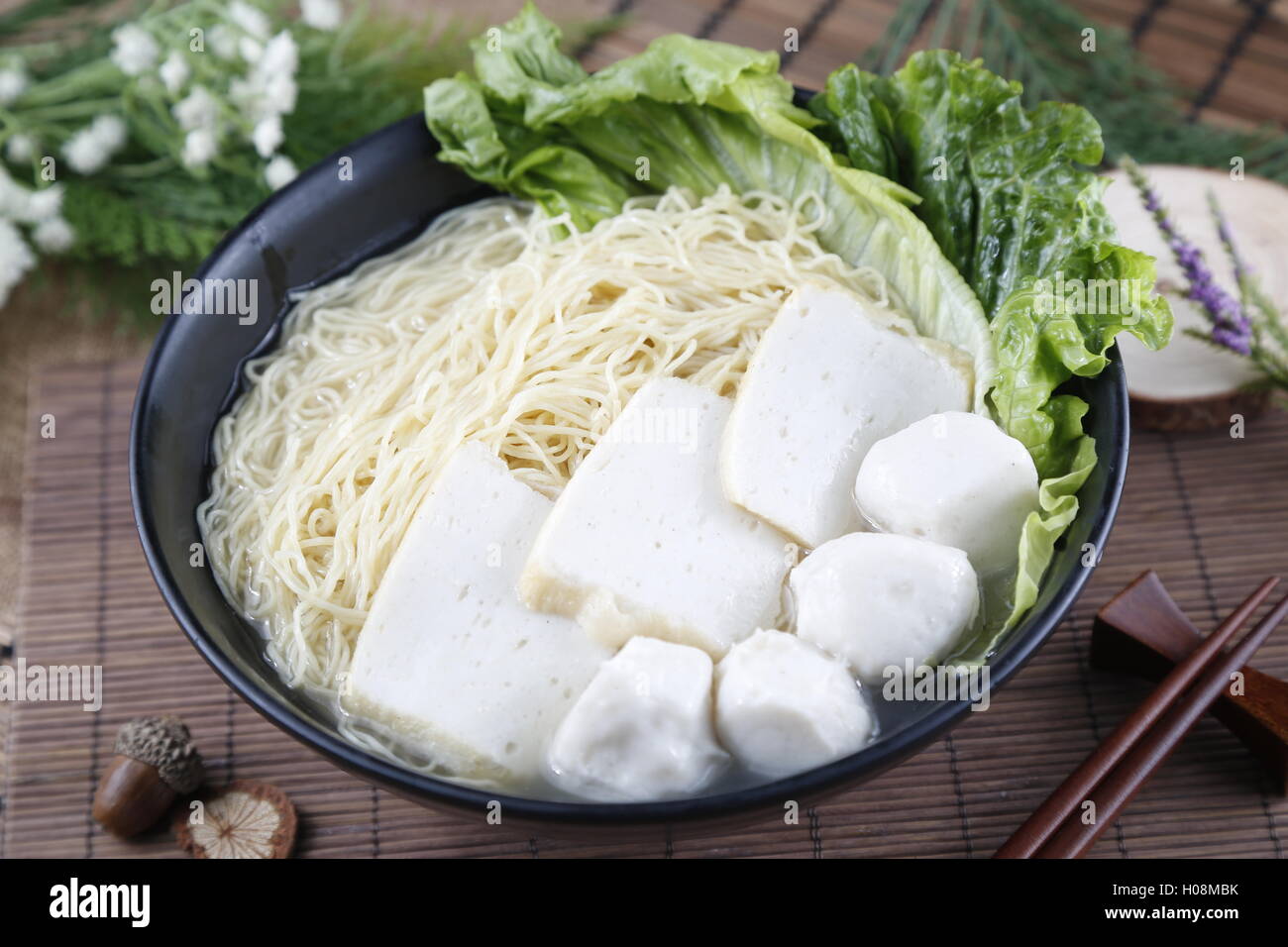 Traditional chinese bowl of wanton vermicelli with fish ball and paste ...