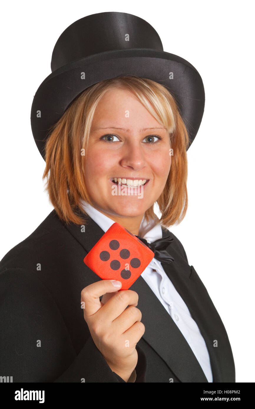Young beautiful woman with dice isolated on white background Stock ...