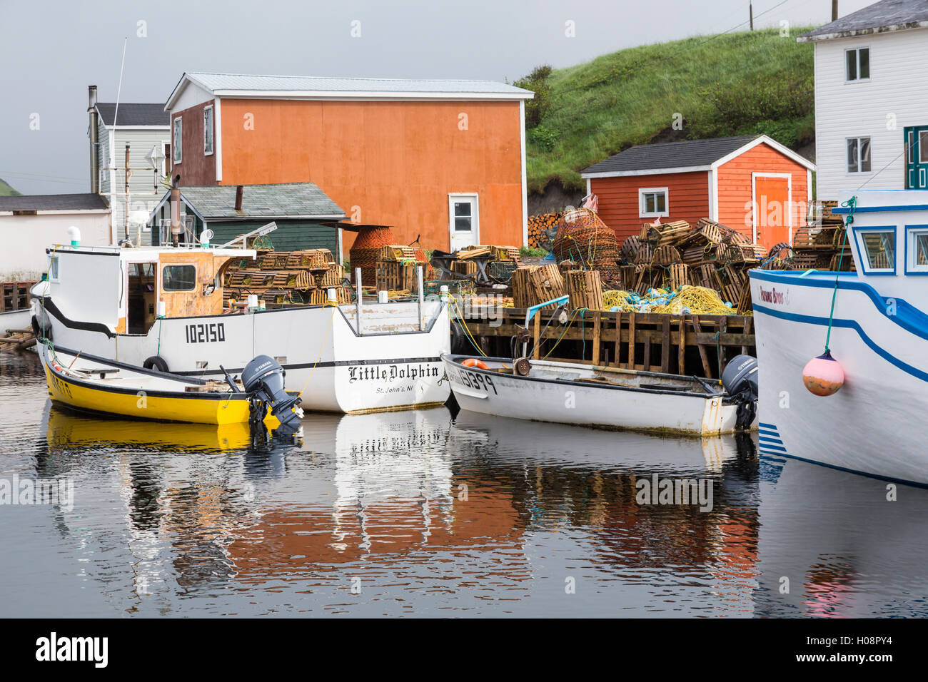 The fishing village and harbour with fishing stages and fishing boats ...
