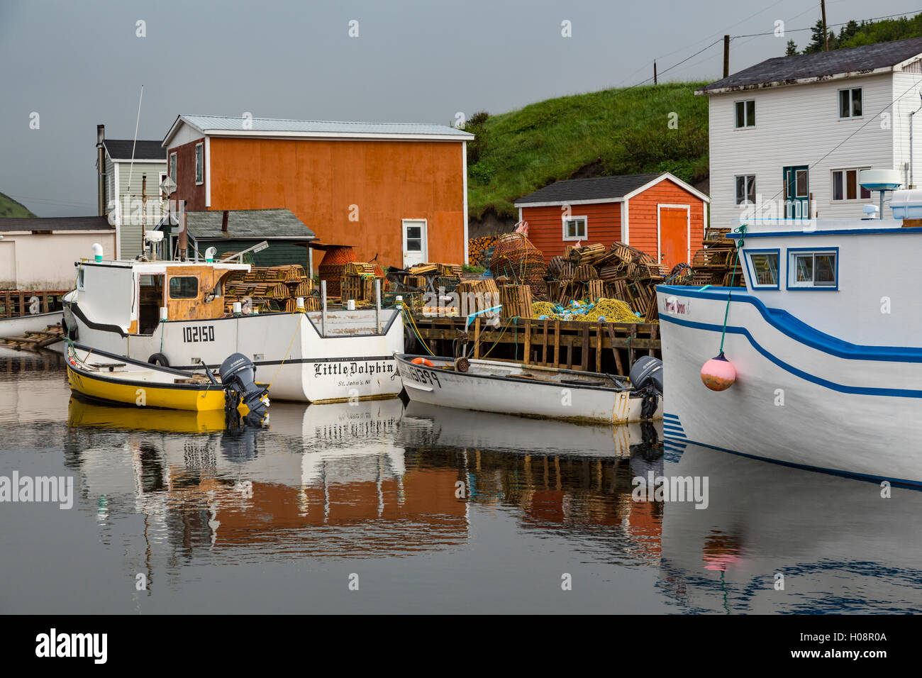 The fishing village and harbour with fishing stages and fishing boats ...