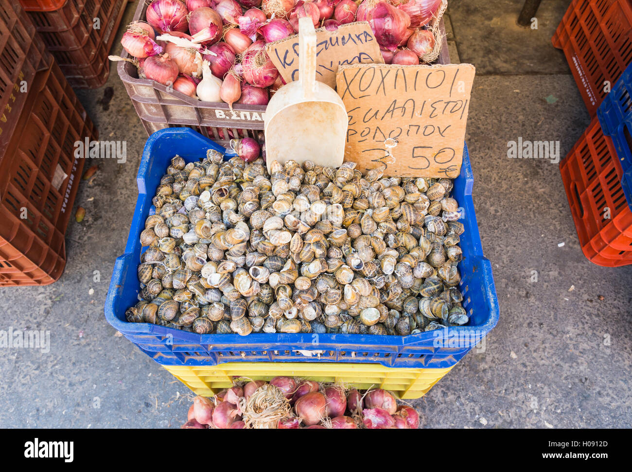 Snails for sale at a stall in Chania's Saturday street market, Chania ...