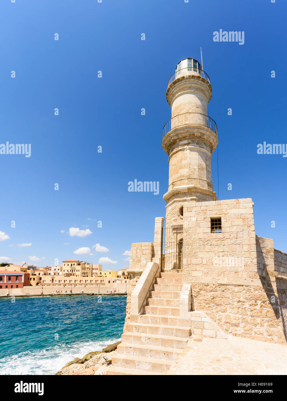 The Chania lighthouse at the entrance to the Venetian harbour of Chania ...