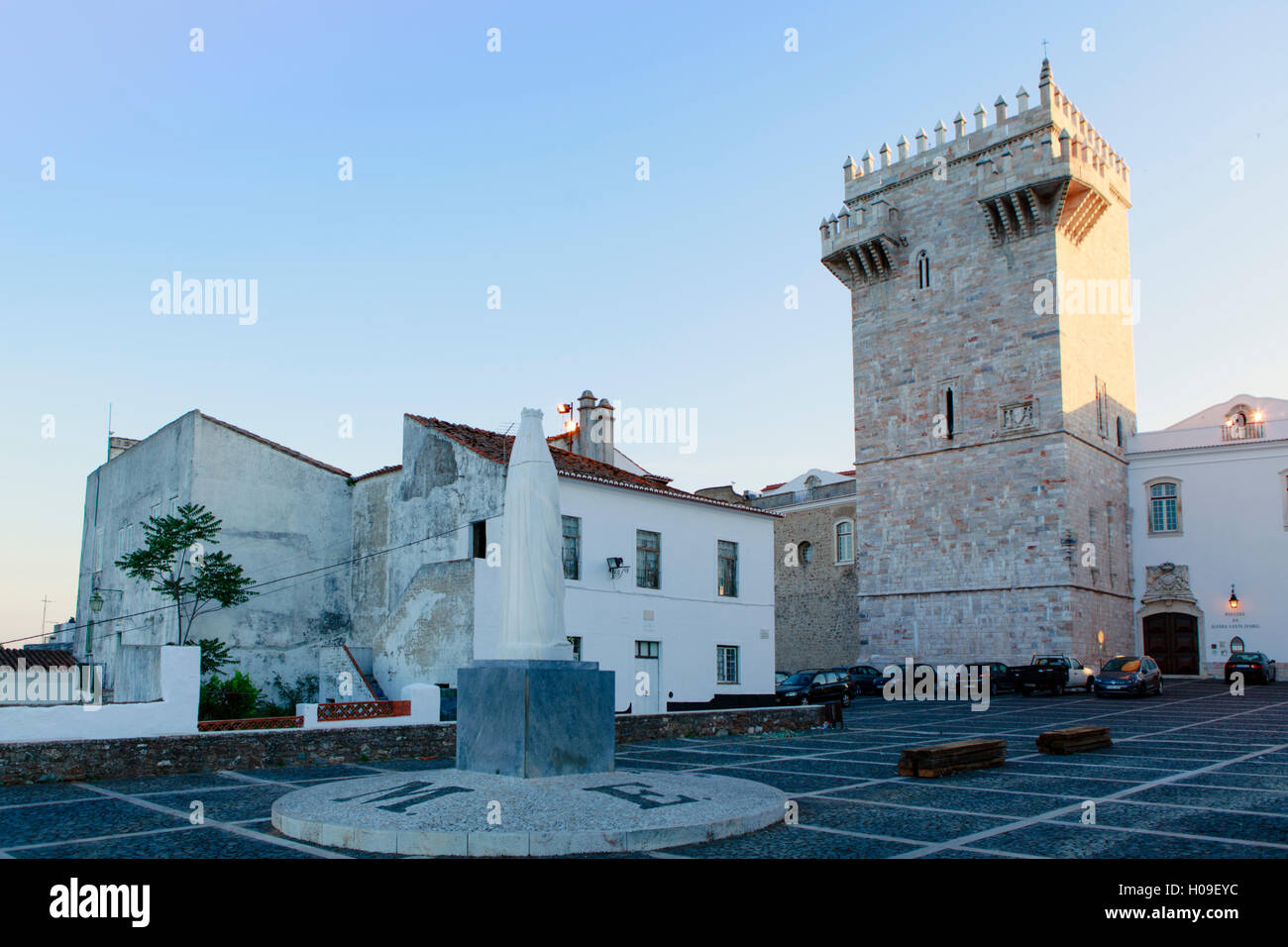The Castle of Estremoz and in the foreground, Statue of St. Elizabeth ...