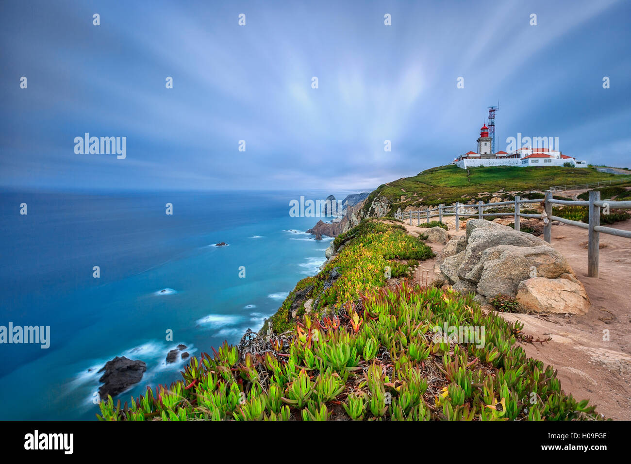 Sunrise on the cape and lighthouse of Cabo da Roca overlooking the ...